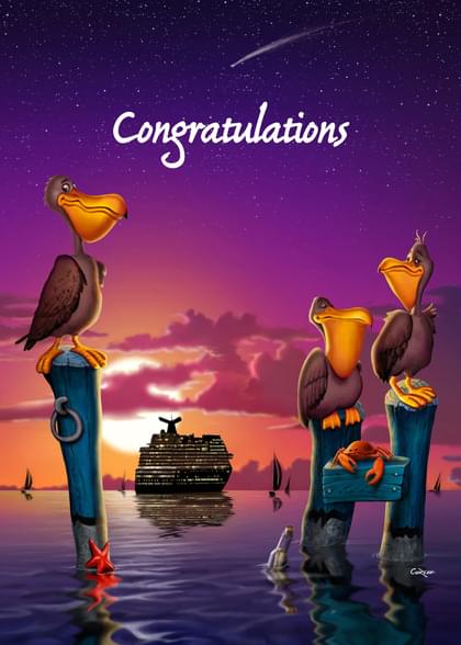 Pelicans and Cruise Ships Congratulations Card with your own ...